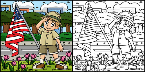 Memorial day child holding us flag coloring page Vector Image