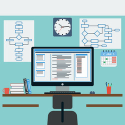 Cartoon programmer writes code workspace concept Vector Image