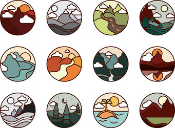 Nature landscape icons of mountains ocean Vector Image
