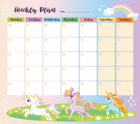 Printable cute unicorn rainbow weekly planner Vector Image