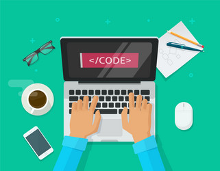 Cartoon programmer writes code workspace concept Vector Image