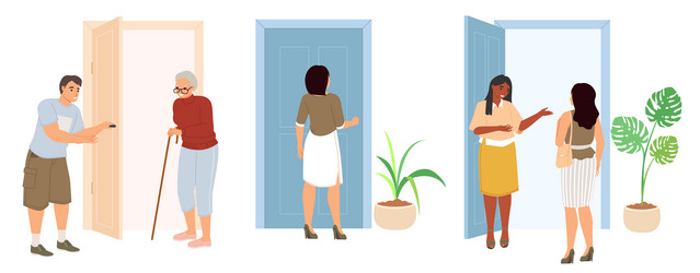 People opening door set Royalty Free Vector Image