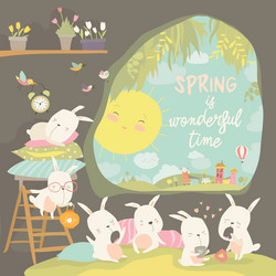 Boy are playing with three rabbits Royalty Free Vector Image