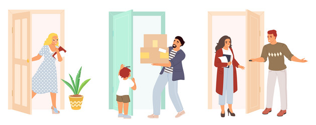 People go in and out door scene set Royalty Free Vector