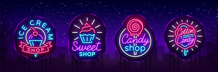 Candy shop logo in neon style store sweets neon Vector Image
