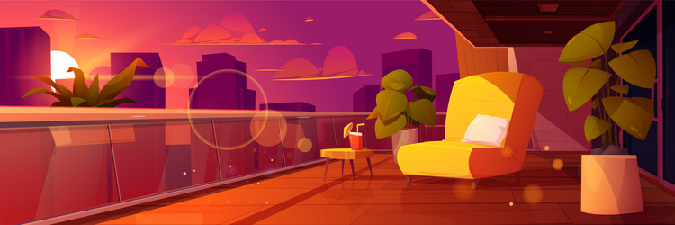 Cartoon apartment balcony with city sunset view Vector Image
