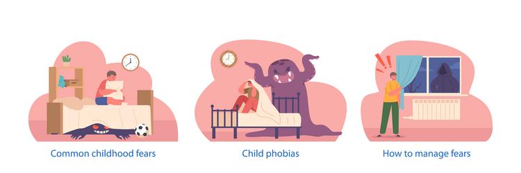 Children characters fear monsters hiding under Vector Image