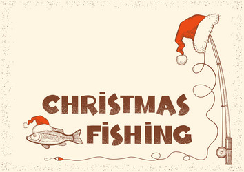 Christmas fish in santa red hatvintage drawing Vector Image