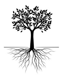 Black tree with leafs and roots Royalty Free Vector Image