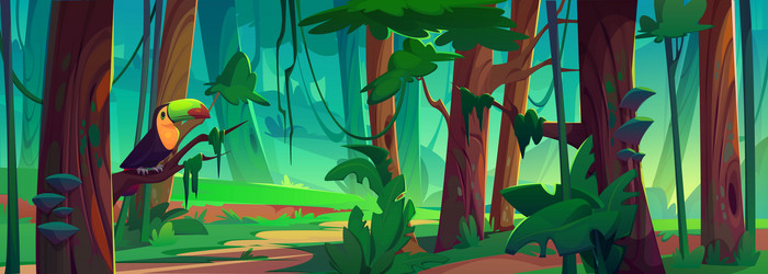 Cartoon tropical forest with toucan on tree Vector Image
