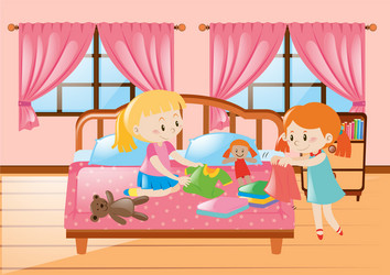 Two girls fighting in bedroom Royalty Free Vector Image