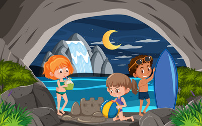 In cave scene with children exploring cartoon Vector Image