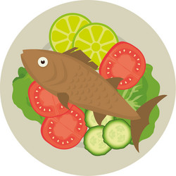 Rice and fish served on flat plate with lettuce Vector Image