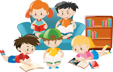 Many children reading books Royalty Free Vector Image