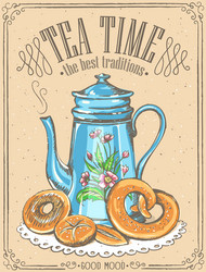 Tea time with cute cups freehand drawing sketch Vector Image