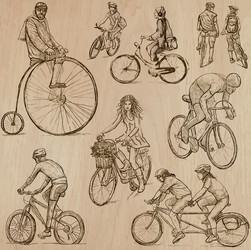 Cyclists riding mountain hand drawn bike Vector Image