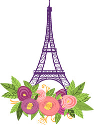 Eiffel tower with rose flowers isolated over white