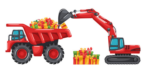 Santa claus driving caterpillar excavator loading Vector Image