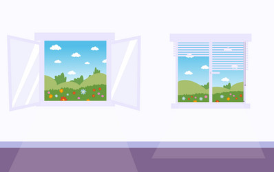 Window overlooking sunny meadow green Royalty Free Vector