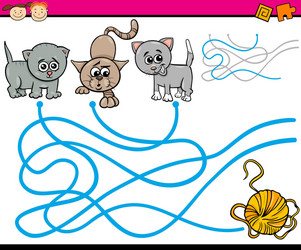 Help cat find path to ball of thread maze game Vector Image