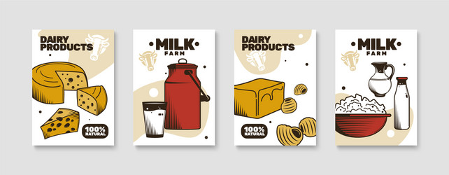Milk farm poster set of colored compositions Vector Image