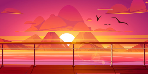 Sunset sea view from cruise ship deck cartoon Vector Image
