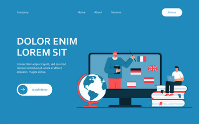 Tiny man learning foreign languages online Vector Image