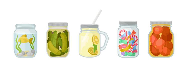 Glass jars with different objects inside Vector Image