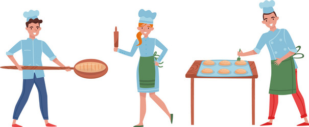 Smiling man and woman baking bread making Vector Image