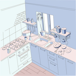 Cute kitchen interior flat cartoon Royalty Free Vector Image