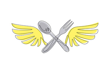 Single one line drawing food fork with wings fly Vector Image