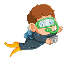 Professional diver boy is diving and giving Vector Image