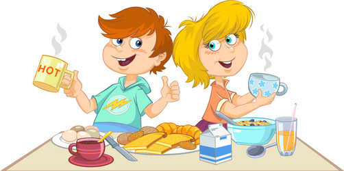 Happy kids having breakfast by themselves two Vector Image