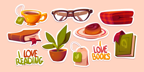 Love reading stickers pack patches set Royalty Free Vector