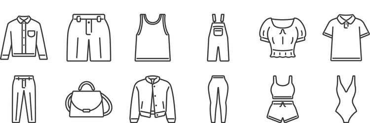 12 set linear clothes and outfit icons thin Vector Image