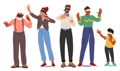 Blindfolded man extends hands tentatively Vector Image