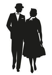 Walking couple silhouettes wearing retro style Vector Image