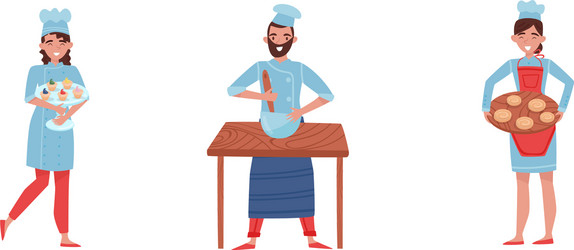 Smiling man and woman baking bread making Vector Image