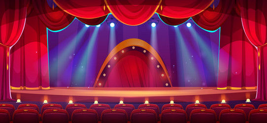 Theater stage with red curtains columns backdrop Vector Image