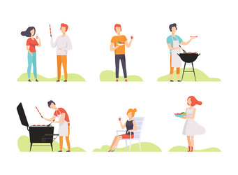 People characters having barbecue in the park Vector Image