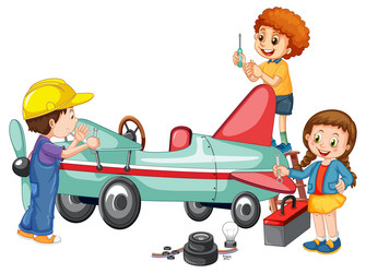 Children fixing a plane together Royalty Free Vector Image