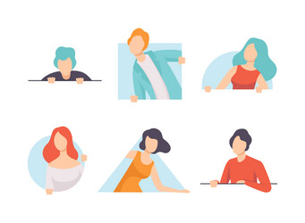 Smiling woman character looking out of shape Vector Image