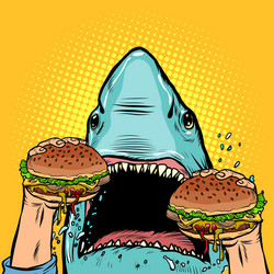 Hungry shark eating a burger fast food restaurant Vector Image