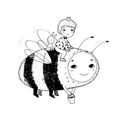 Little boy prince flying on a bee Royalty Free Vector Image