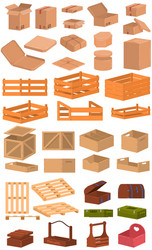 Cartoon wooden delivery box crate set Royalty Free Vector