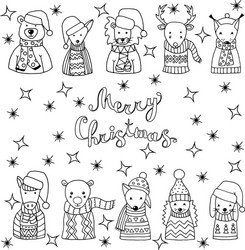 Coloring page with winter set cute animals Vector Image