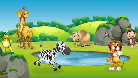 Happy animals cartoon on the nature scene Vector Image