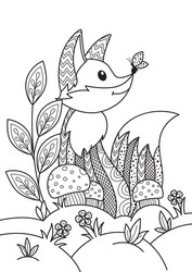 Autumn fox doodle coloring book page entangle Vector Image