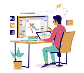 Male animator sitting at computer desk Royalty Free Vector