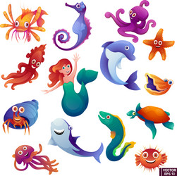 Marine animal isolated cartoon icon set Royalty Free Vector